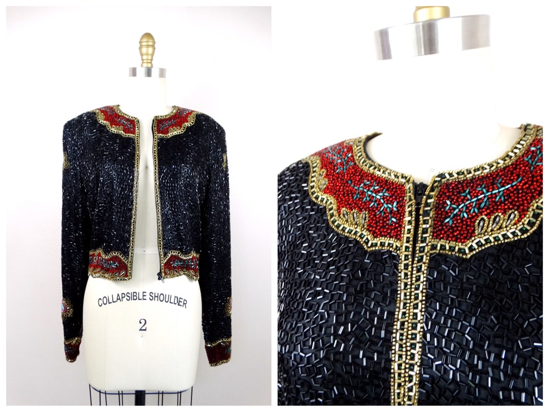 S/M HEAVY Beaded Bolero // Heavily Embellished Red Black and Gold Bugle Bead Jacket Top - Etsy