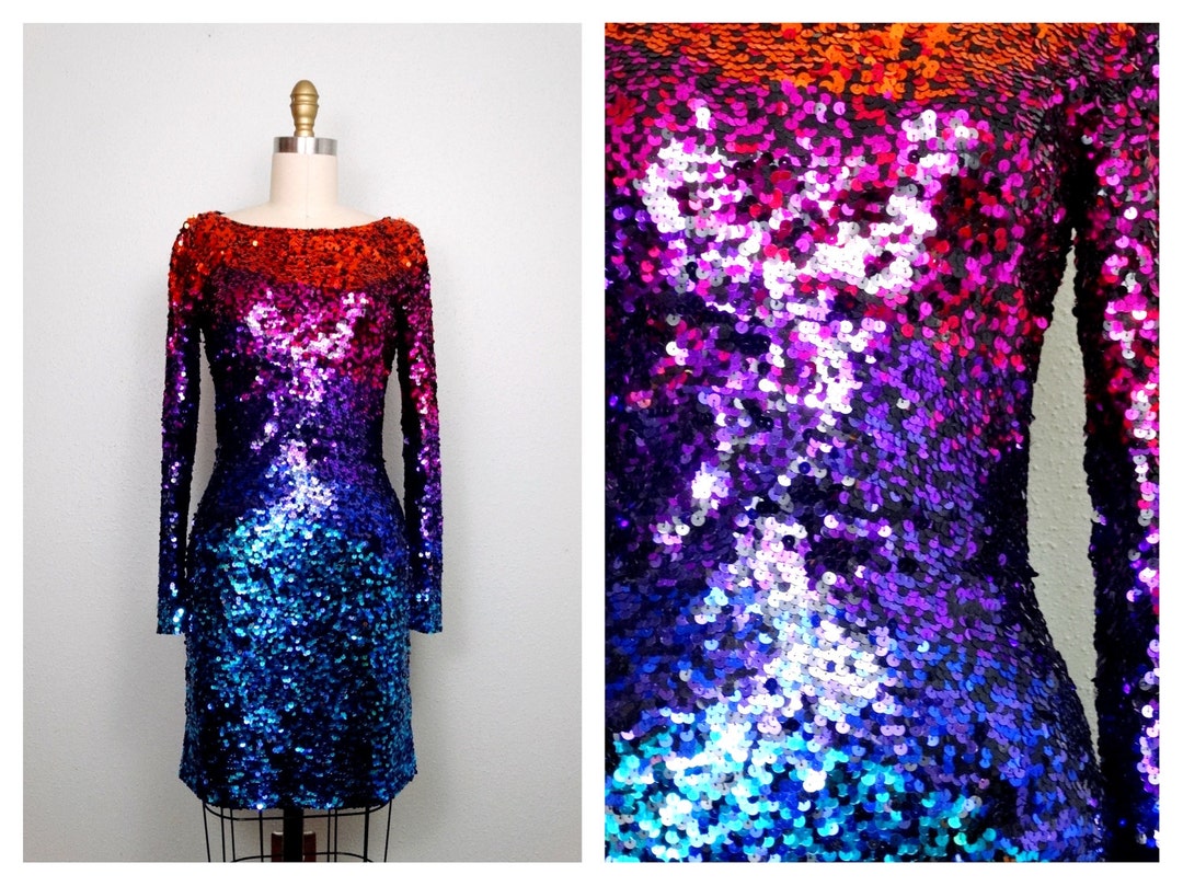 Ombré Rainbow Sequin Dress / Colorful Sequined Dress / Fully Sequined ...