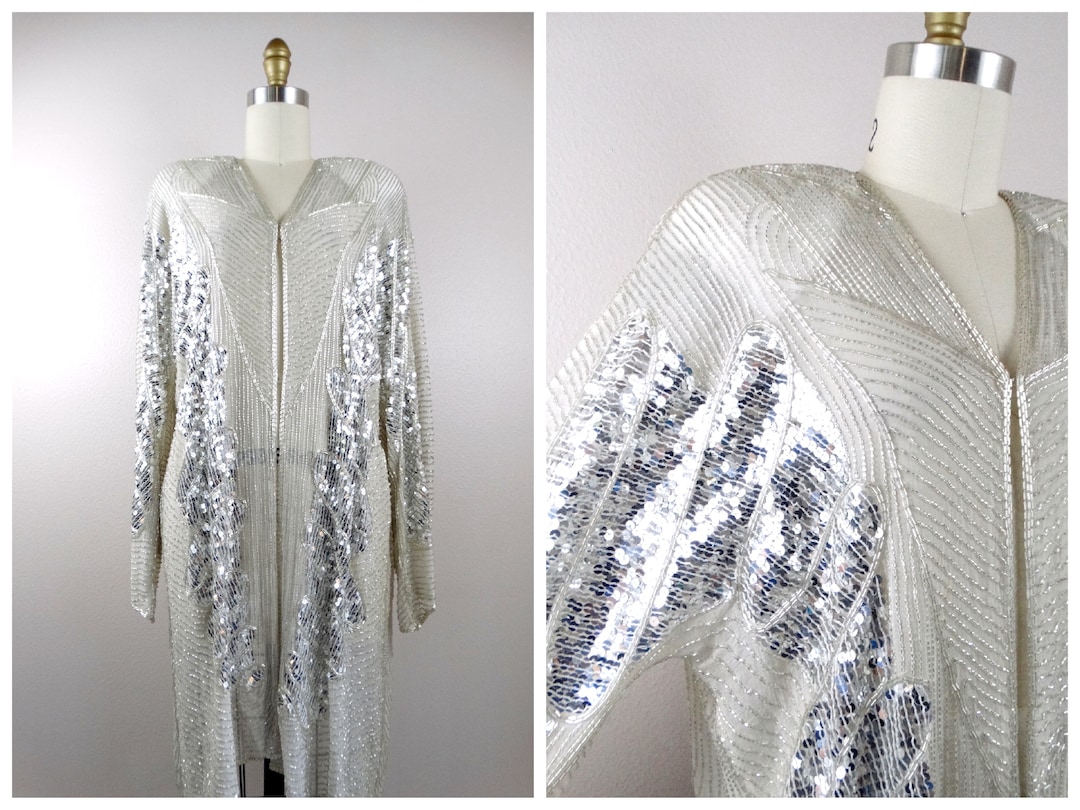 70s 80s Sheer Sequined Duster / White and Reflective Mirror Silver ...