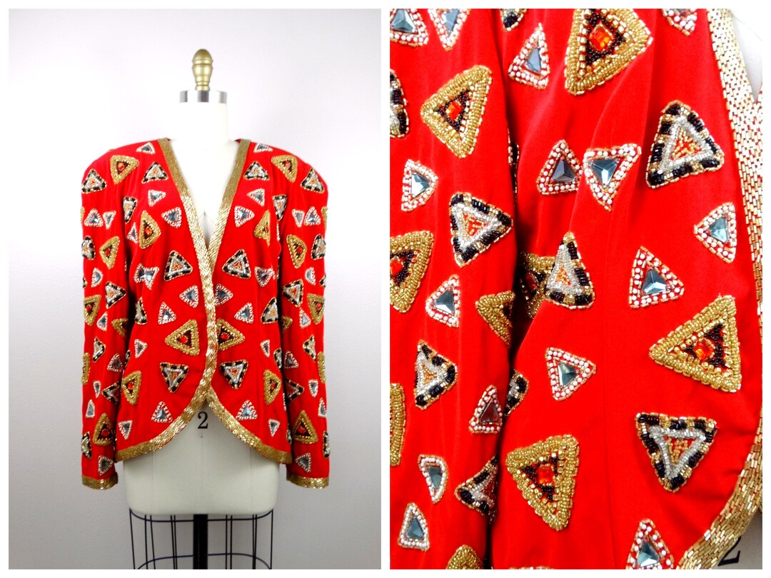 Bejeweled Beaded Blazer / Jeweled Sequined Jacket / Red Gem Gold ...