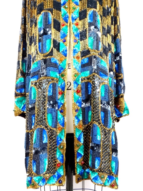 HEAVY Gold Beaded Long Jacket / 80s Checkered Turquoi… - Gem