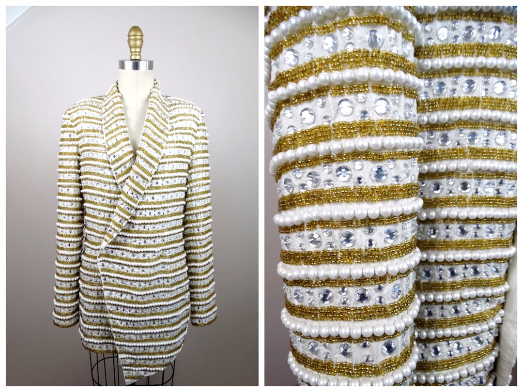 RARE Jewel Embellished Pearl Beaded Blazer / GLAM White and Gold ...