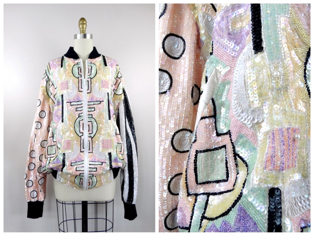 Plus Size GLAM Pearl Beaded Sequin Bomber Jacket / RARE Pastel Sequined ...