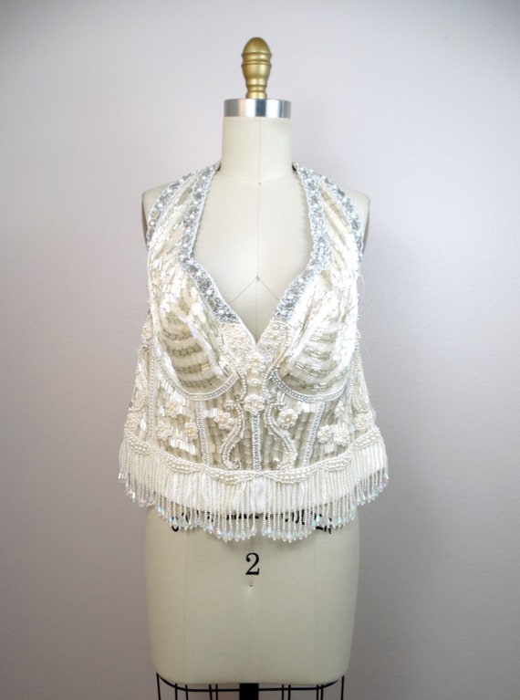 Vintage Crystal Beaded Fringe Halter Top // Iridescen… - Gem