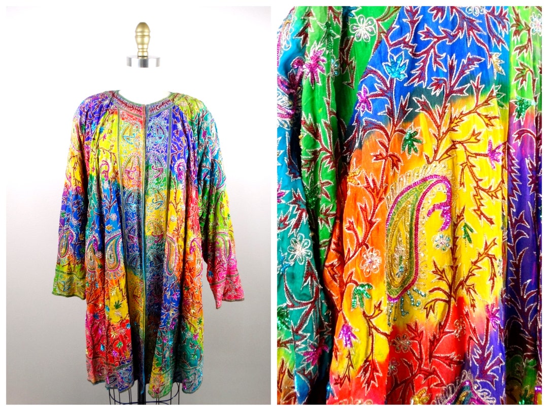 VTG Rainbow Embroidered Duster Coat / Tie Dye Silk Sequin Long Jacket ...