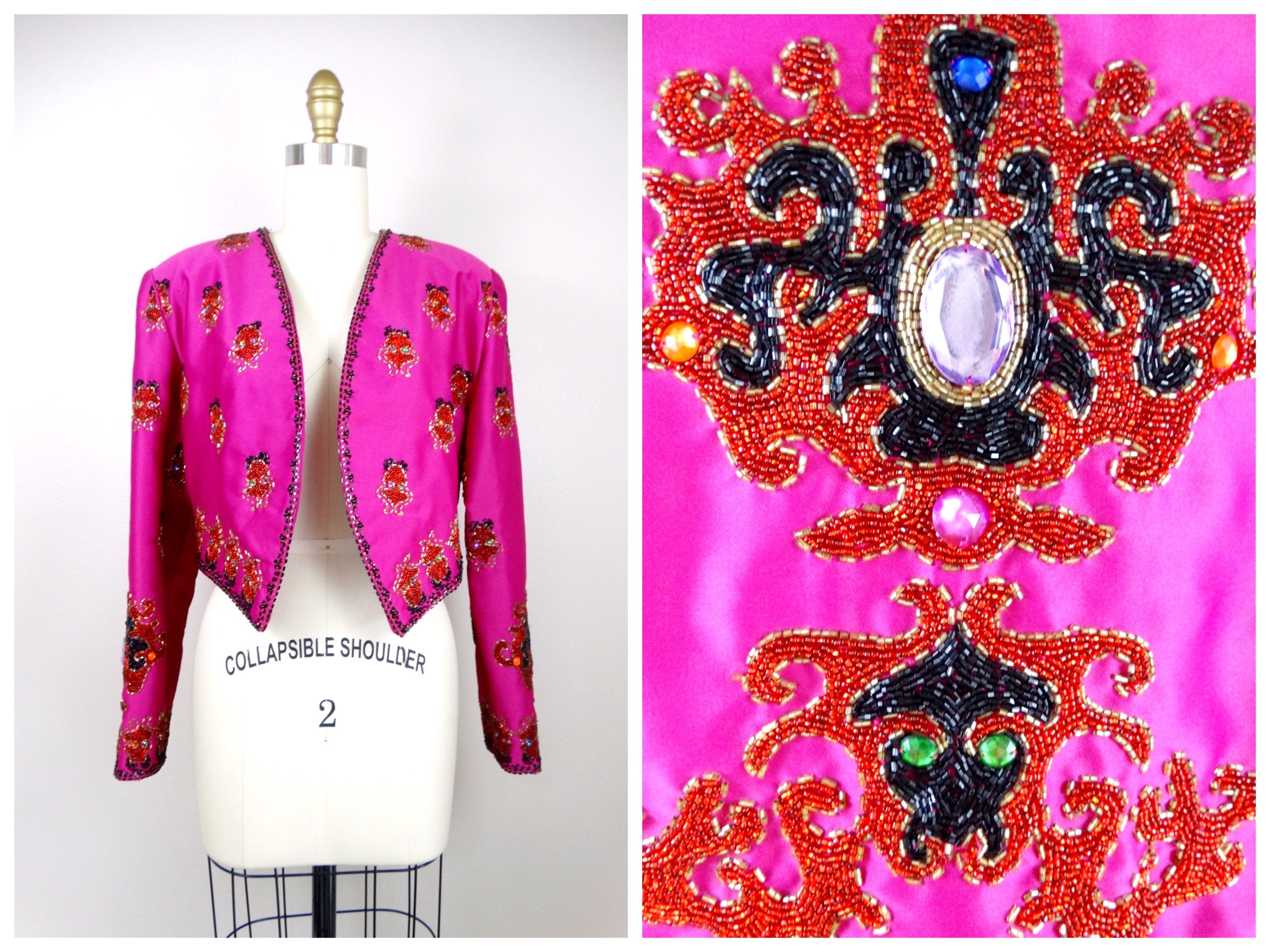 80s 90s Bejeweled Fancy Bolero Jacket / Jewel Beaded Bolero / Hot Pink ...