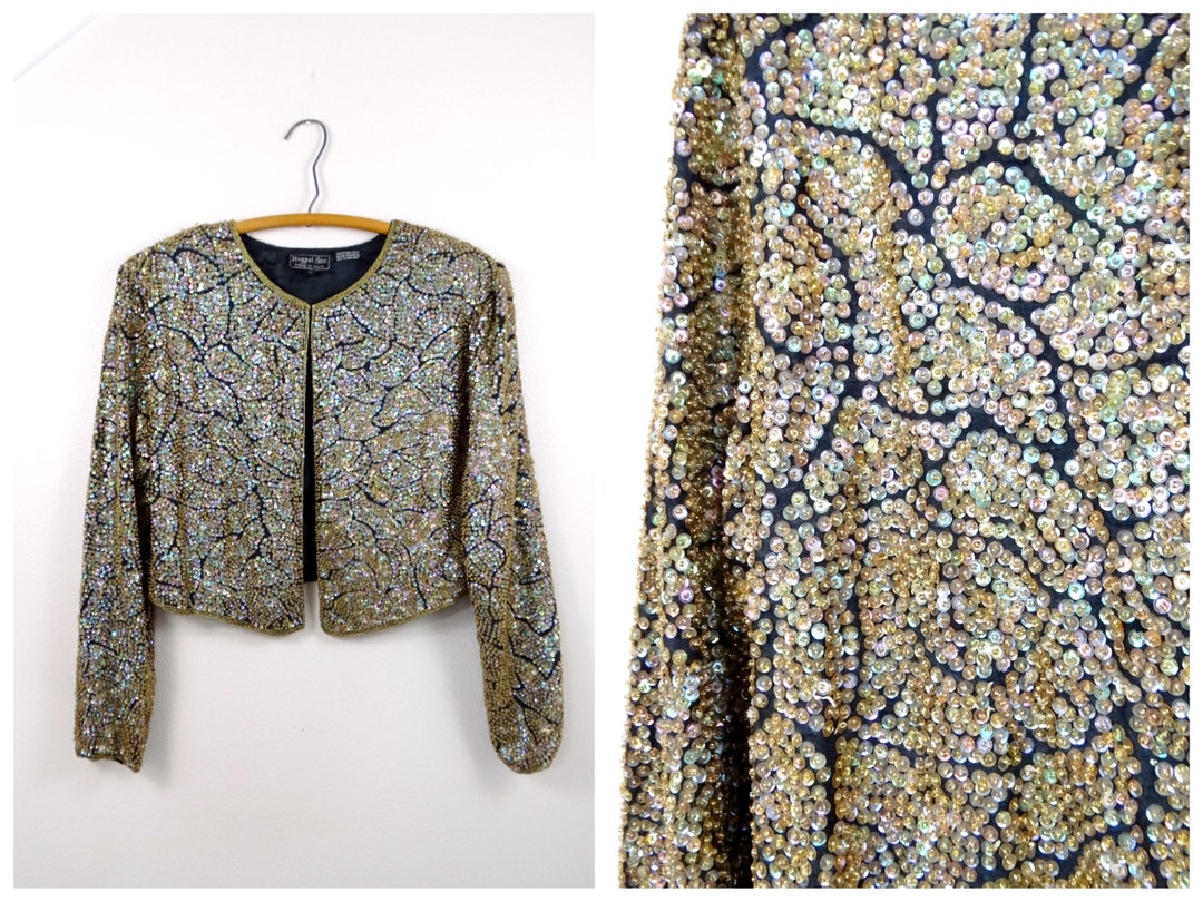 Iridescent Gold Beaded Bolero // Fully Embellished Sequined Formal ...
