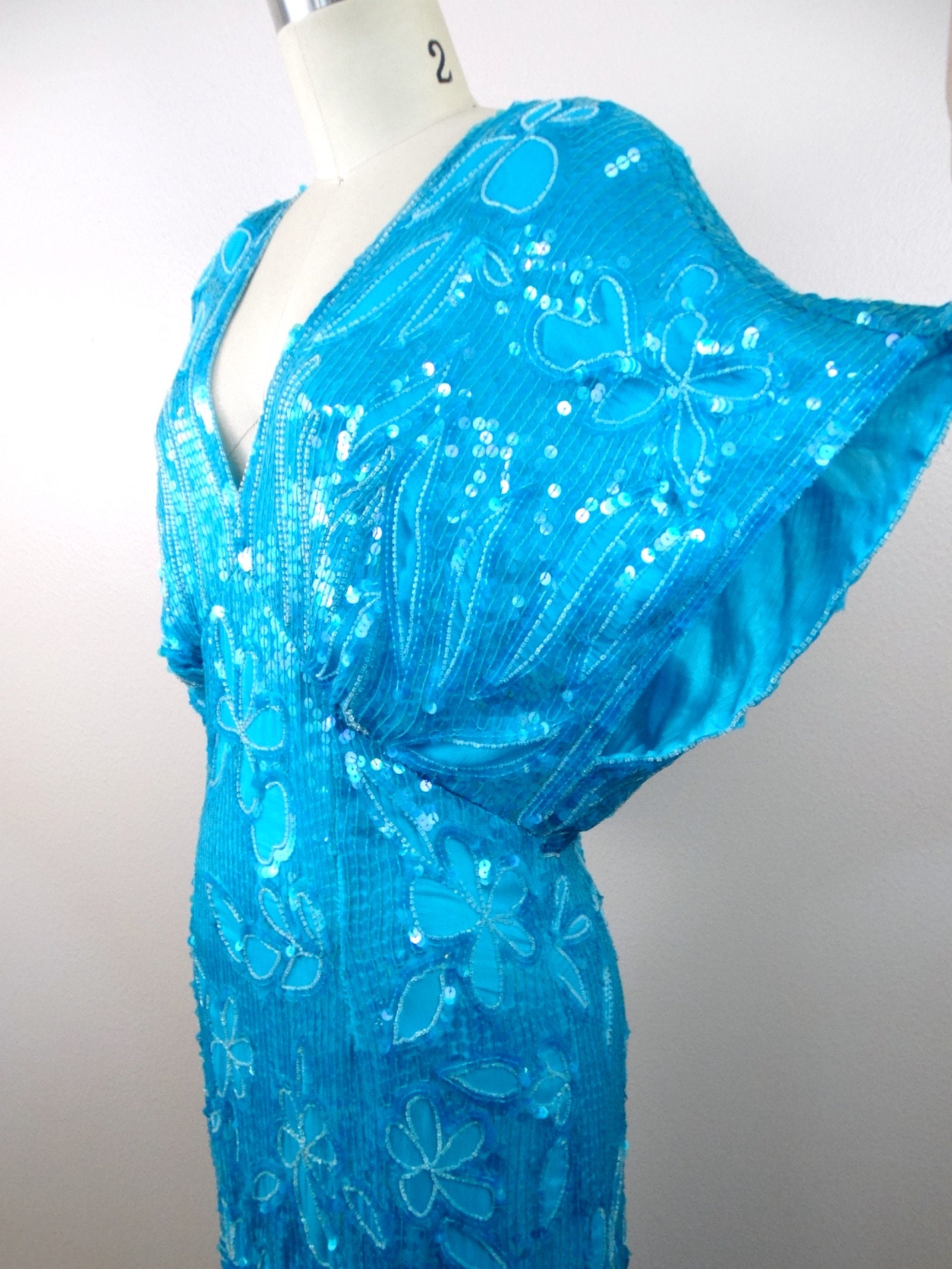 70s Lillie Rubin Blue Sequin Dress / Bright Turquoise Sequined Beaded ...