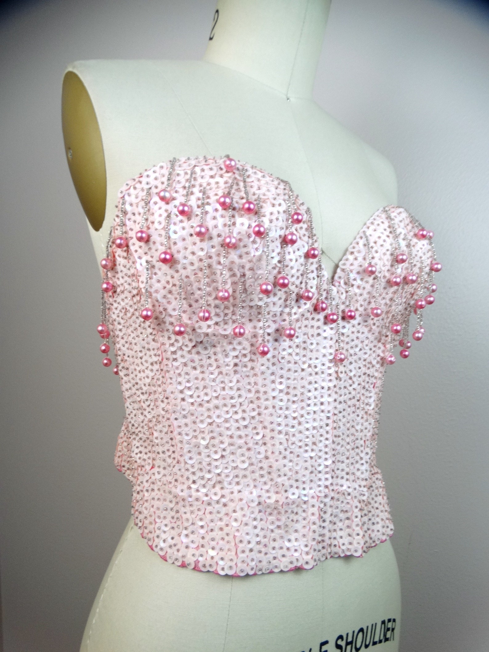 Glam Pink Fringe Pearl Beaded Sequined Bustier // Pastel Pink Sequin ...