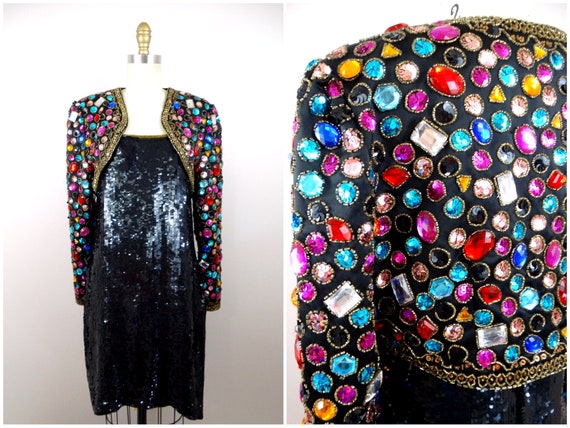 80s 90s Couture Jewel Beaded Bolero and Sequined Dres… - Gem