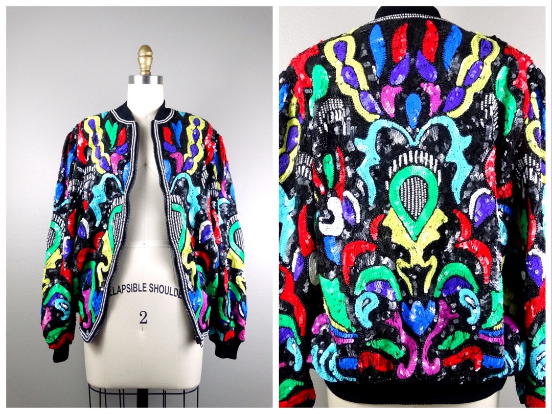 80s Neon Sequin Jacket / Retro Bright Colorful Sequined Bomber Jacket ...