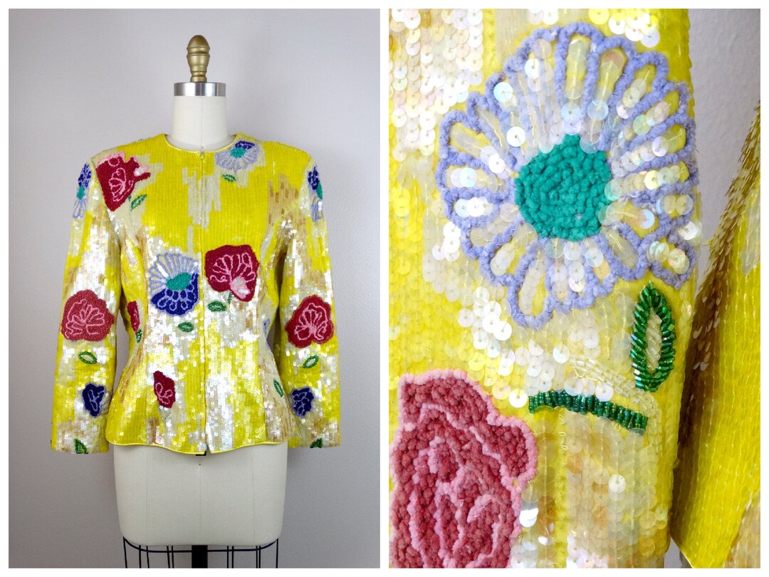 M/L Embroidered Floral Jacket / Bright Yellow Sequin Jacket / Zip up ...