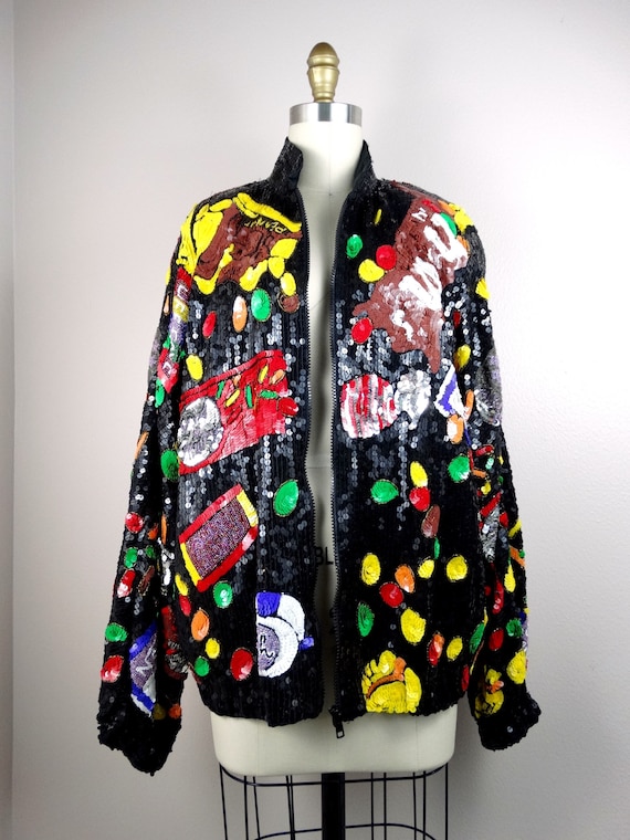 80s Sequin Bomber Jacket // RETRO Chocolate Candy Seq… - Gem
