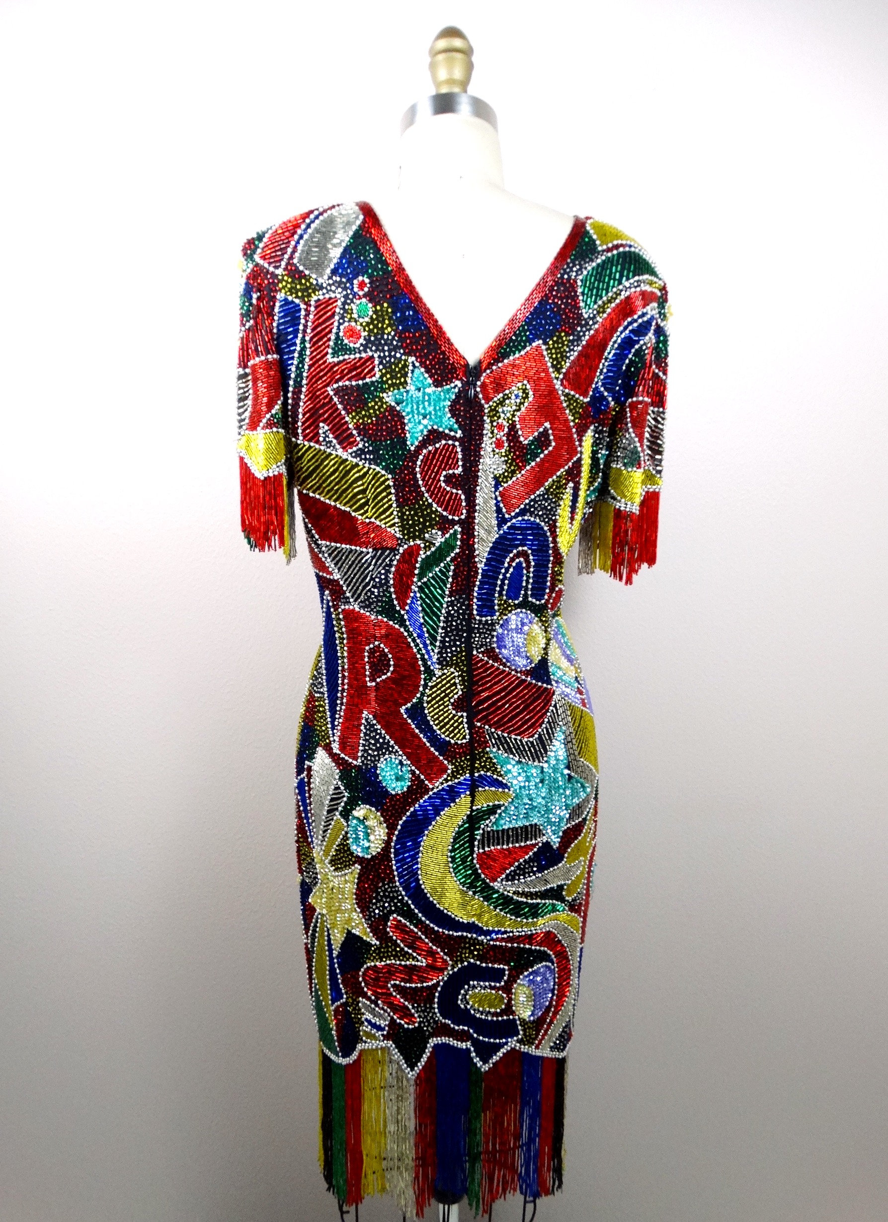 FUNKY Couture Fringe Beaded Dress / Rainbow Sequin Embellished Dress ...