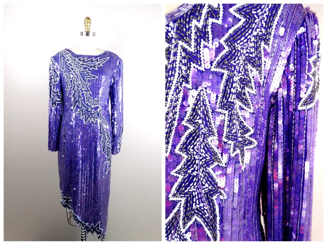 VTG Purple Sequined Dress / All Sequin Embellished Silk Beaded Dress ...