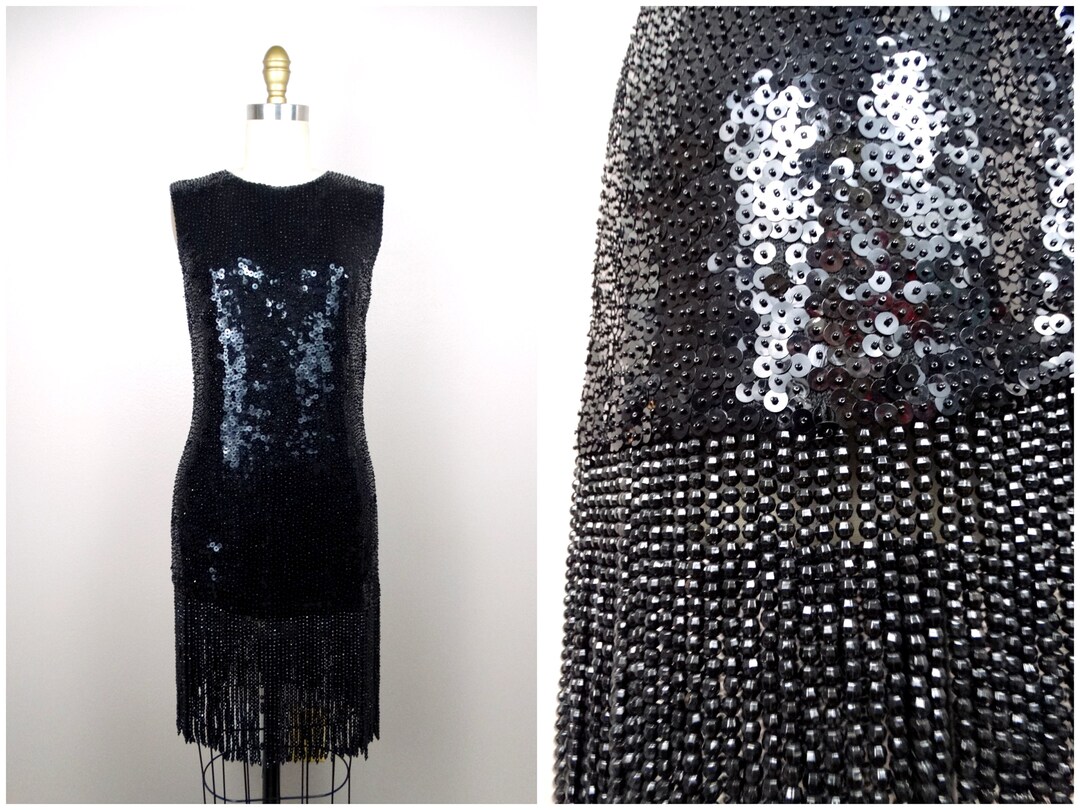 60s Valentina Fringe Beaded Micro Mini Dress // Vintage Black Sequin ...