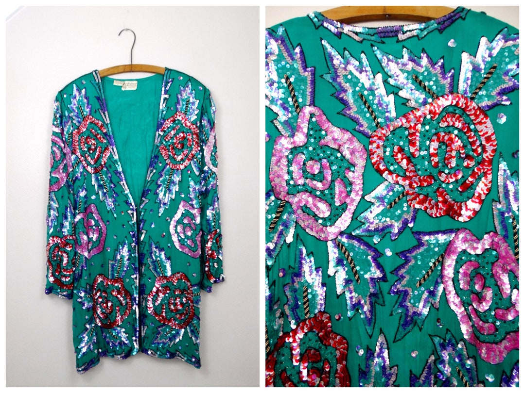 Plus Size Sequin Long Evening Jacket / Teal Green Silk Beaded Sequined ...