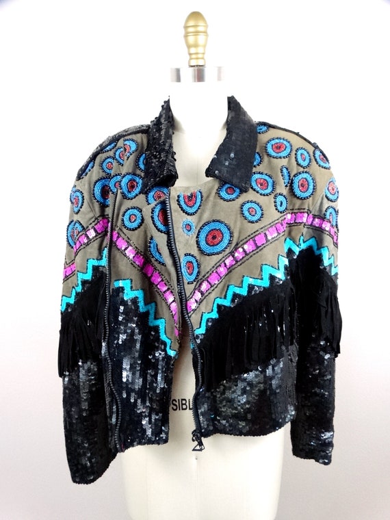 80s Fringe Embellished Sequined Western Jacket / Retr… - Gem