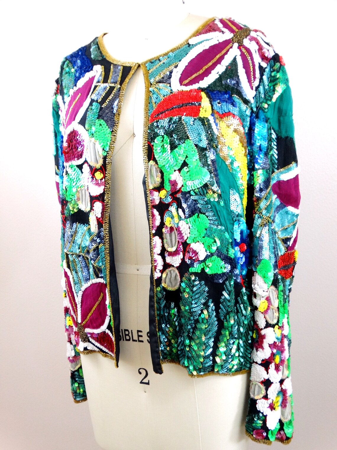 Tropical Rainforest Sequin Jacket / Exotic Toucan Embellished Nature ...