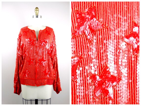 Star GLAM Sequin Bomber Jacket // Bright Red Sequined… - Gem
