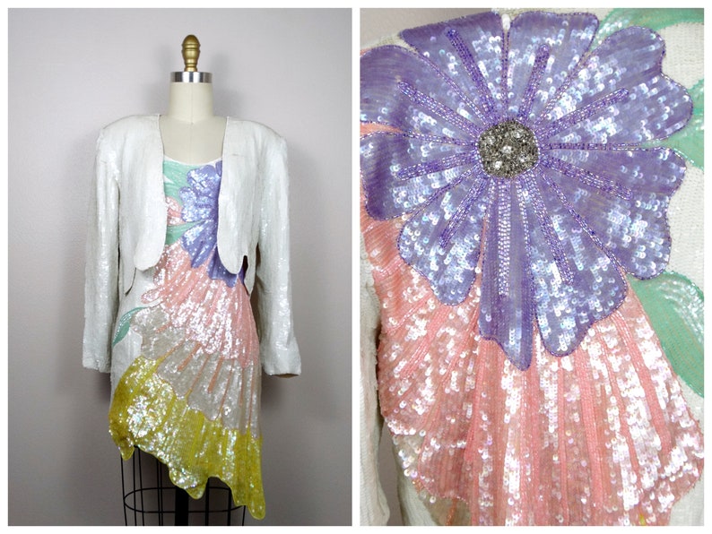 70s 80s RARE Sequin Micro Mini Dress and Bolero Shrug / 1970's 1980’s ...