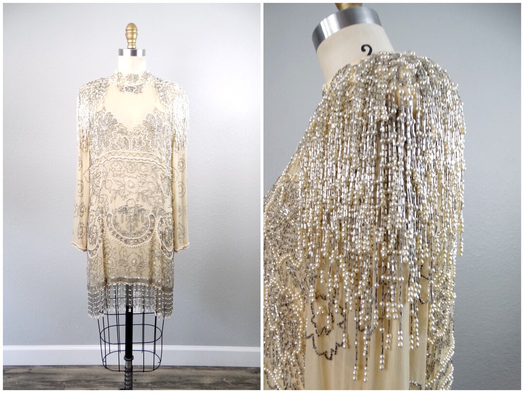 80s Couture Fringe Beaded Sheer Dress // Fringed Glam Mini Dress Shell ...