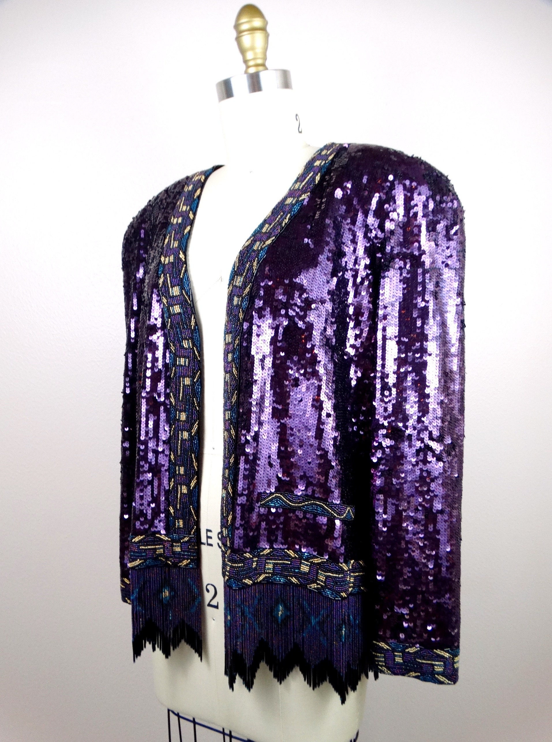 M/L Beaded Fringe Fully Sequined Jacket / Violet Plum Purple | Etsy