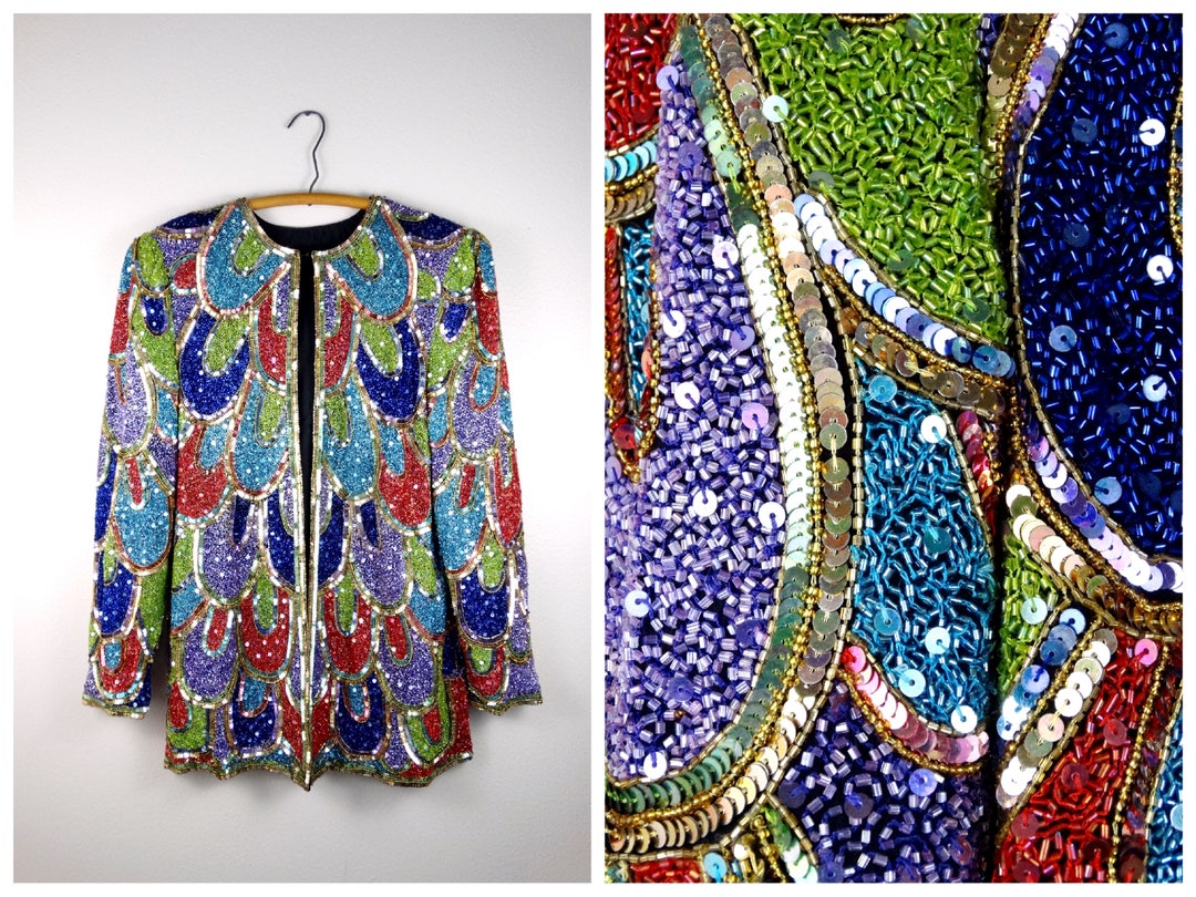 RARE Heavily Beaded Jacket / FUNKY Bright Retro Sequin Embellished ...