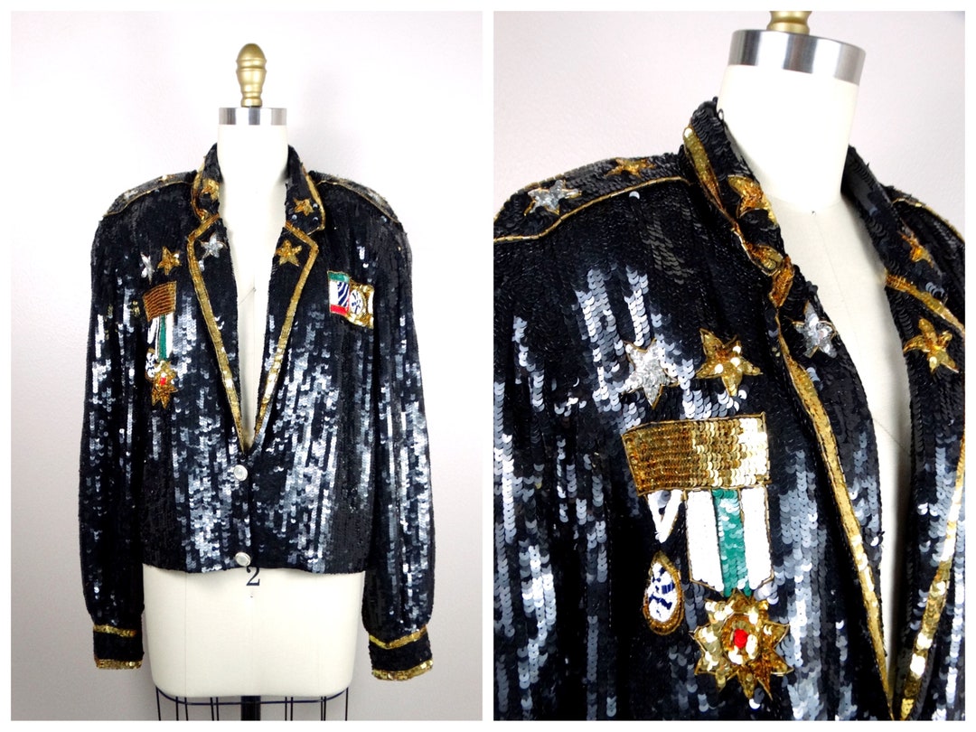 Military Style Sequin Jacket // 80s Star Bomber Jacket // Award Medals ...