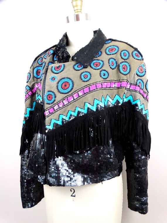 80s Fringe Embellished Sequined Western Jacket / Retr… - Gem