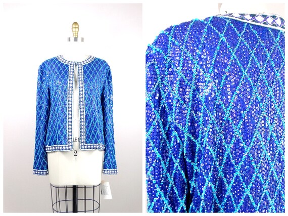 Neon Blue Beaded Sequined Cardigan Top // Royal Blue … - Gem