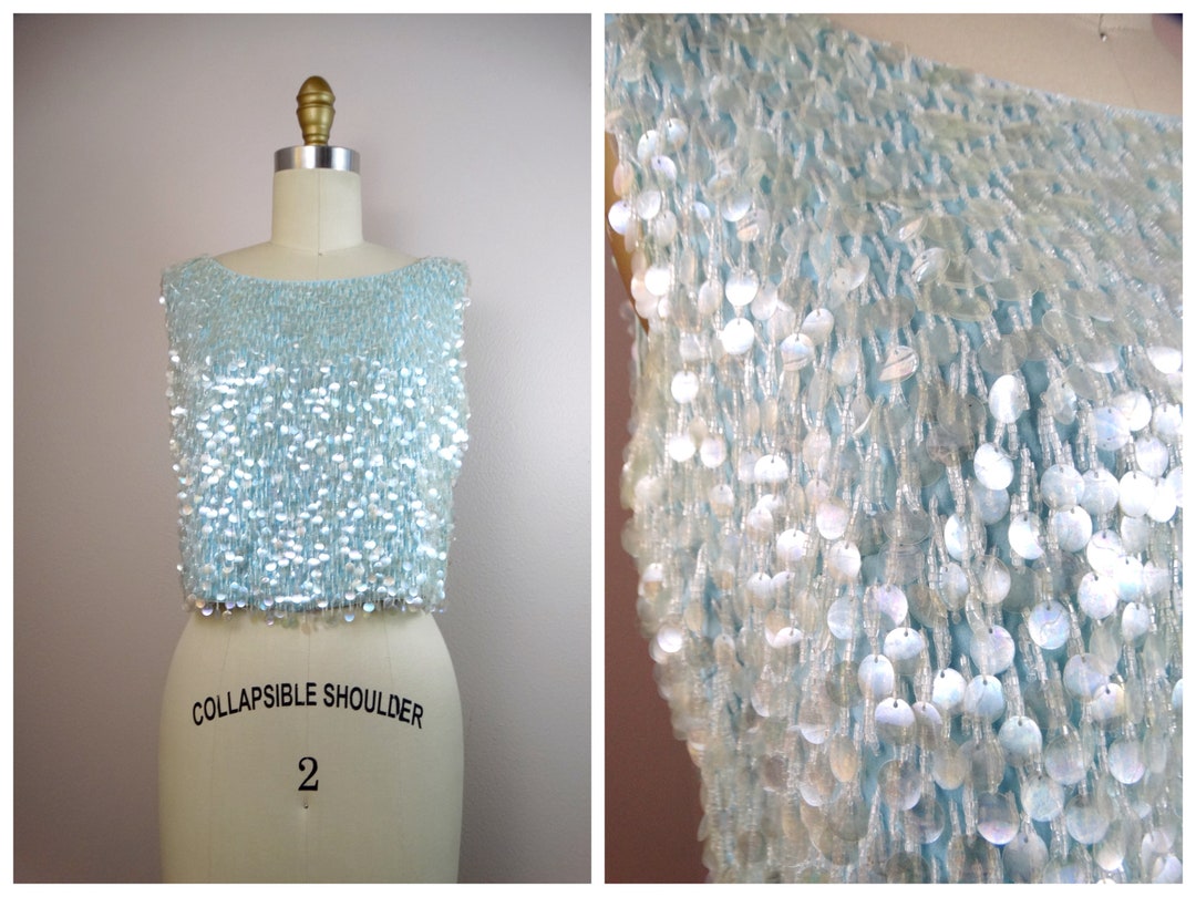 60s Paillette Fringe Sequin Beaded Crop Top / 1960’s Pastel Blue Hand ...