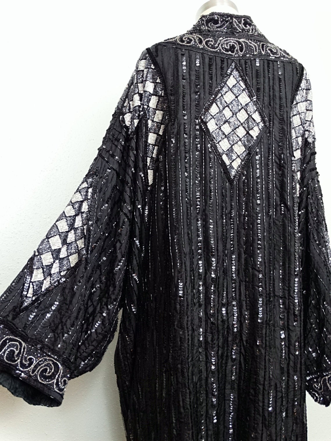 Vintage Sequin Beaded Long Jacket - Black & Silver Argyle Kimono - Etsy
