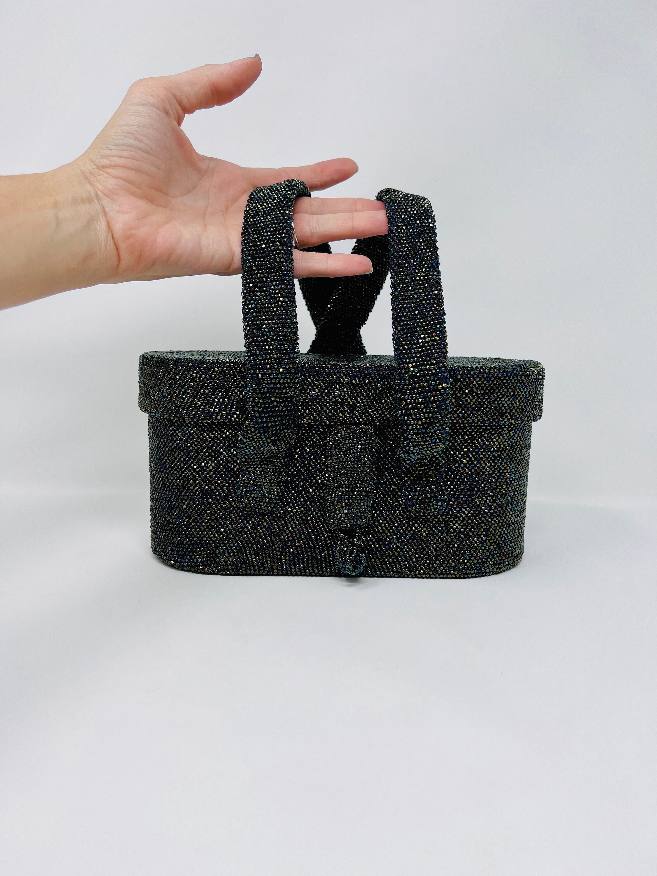 30s Micro Glass Bead Embellished Hard Shell Box Purse / 1930's Oval Mid ...