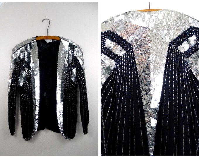 Art Deco Beaded Evening Shrug // Black and Silver Sequin Embellished ...