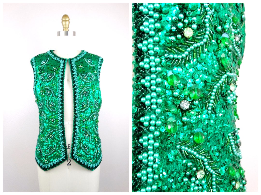 Valentina Rhinestone Encrusted Vest // Emerald Green Sequined - Etsy