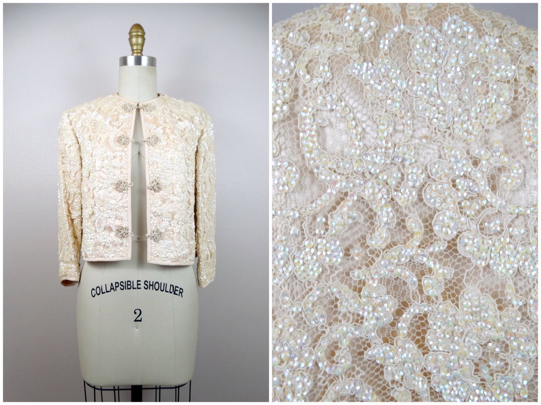70s 80s Iridescent Sequin Lace Bolero / Ivory Cream Beige Sequined ...