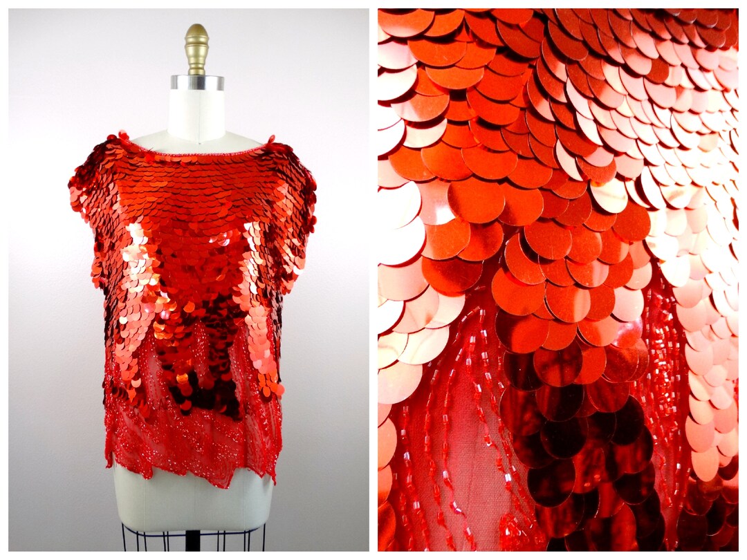 S/M Flashy Paillette Top // Reflective Red Sequin Blouse Medium - Etsy