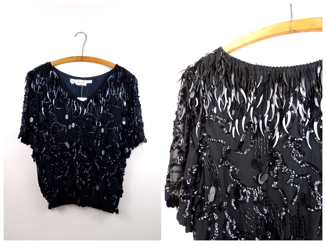 S/M Cattail Fringe Sequin Top // Black Paillette Sequined Dolman Blouse ...