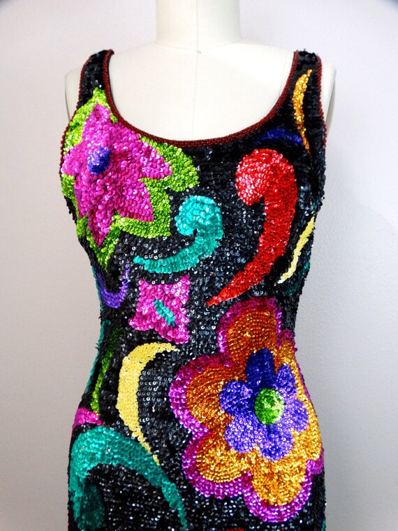 S/M Psychedelic Sequin Dress / Bright Neon Floral Seq… - Gem