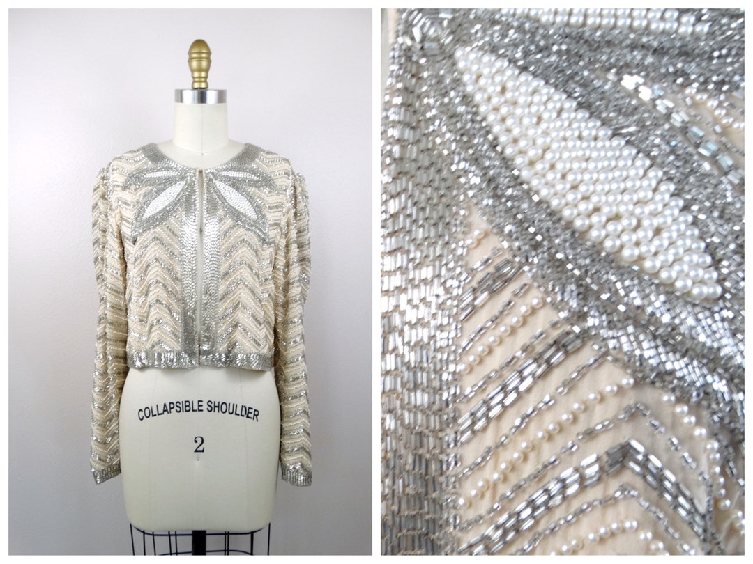 Vintage Pearl Beaded Bolero // Cream Silk Silver Bead Embellished ...