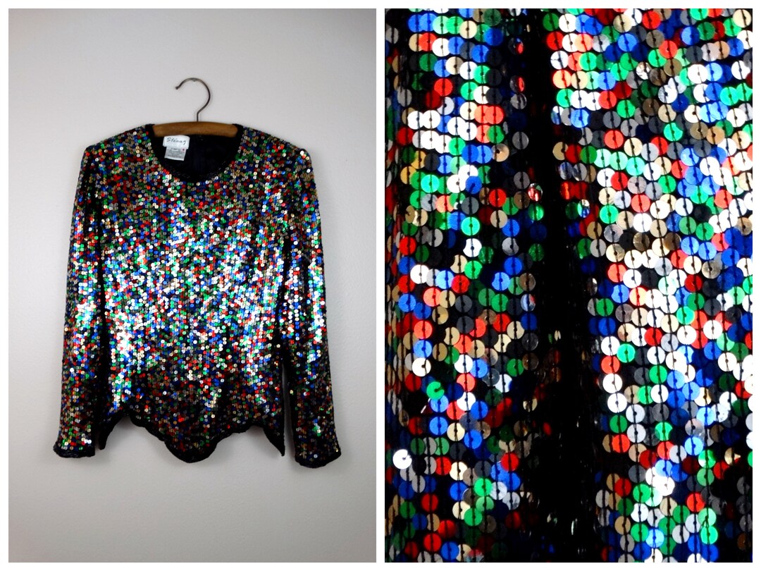 S/M Rainbow Confetti Sequin Top // Colorful Vintage Fully Sequined ...