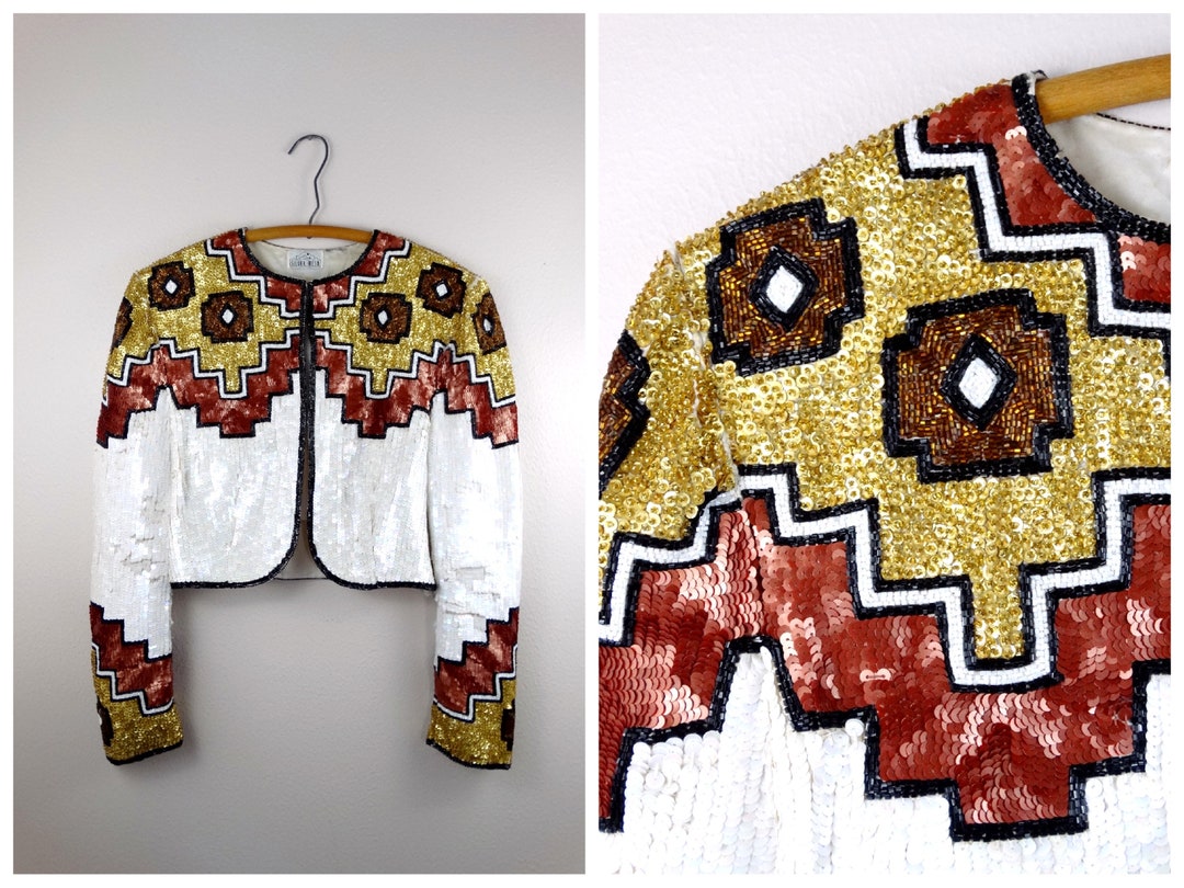 S/M Southwestern Sequin Bolero / Retro Western White and Gold Beaded ...