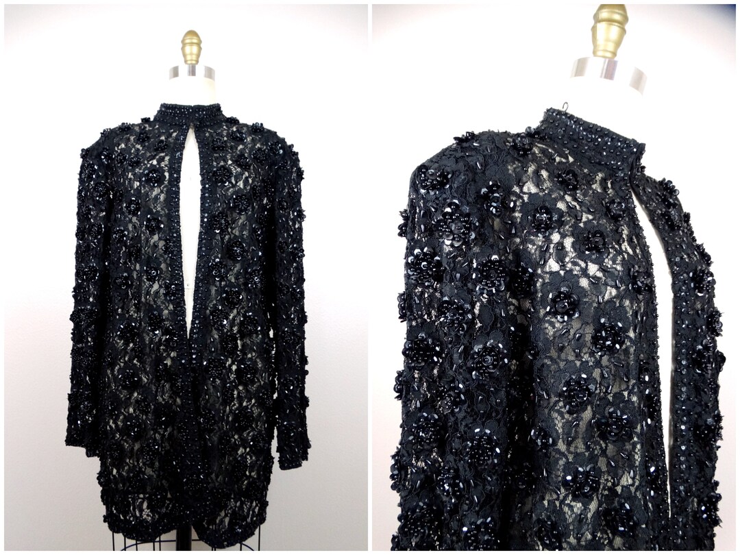 60s 70s Beaded Cluster Sequined Lace Jacket // 1960’s 1970’s Hand ...