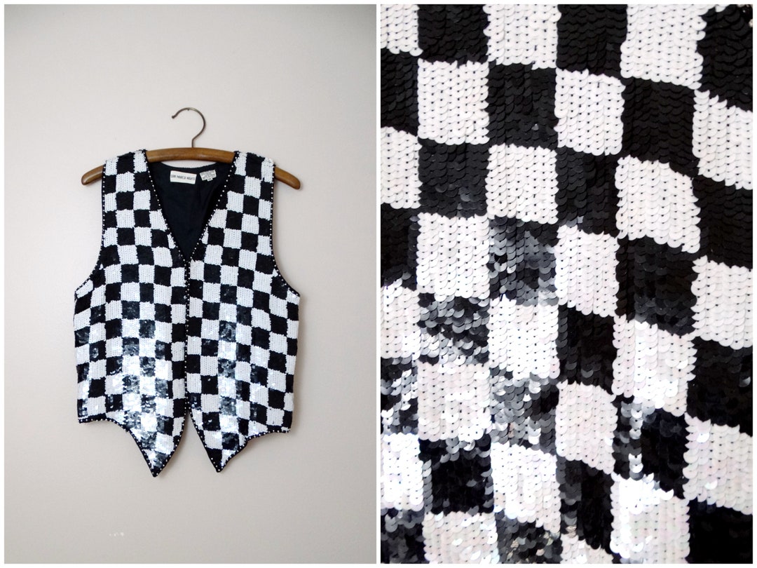 MOD Checker Sequined Vest / RETRO Black and White Checkered Vintage ...
