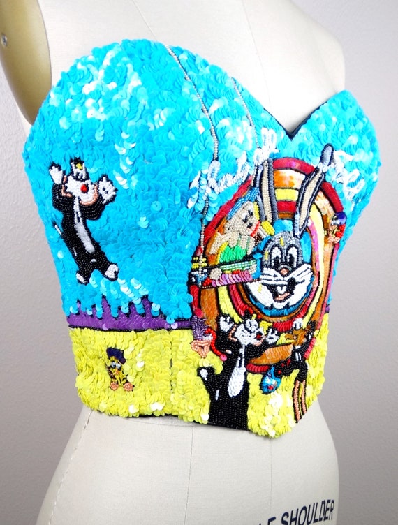 90s Vintage Cartoon Sequin Embellished Bustier / 1990… - Gem