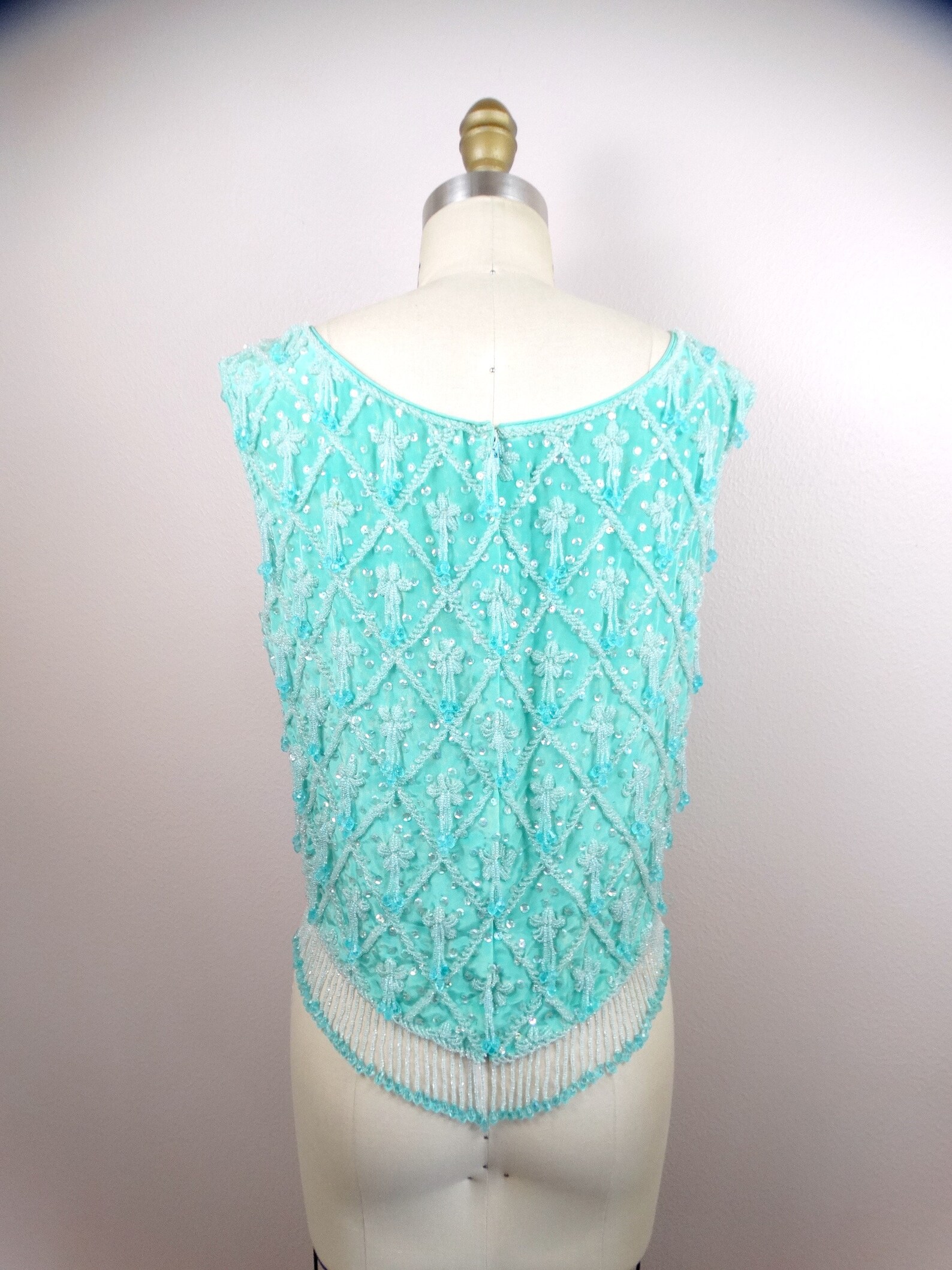 60s Tassel Beaded Sequined Top // 1960s Top W/ Seafoam Mint - Etsy