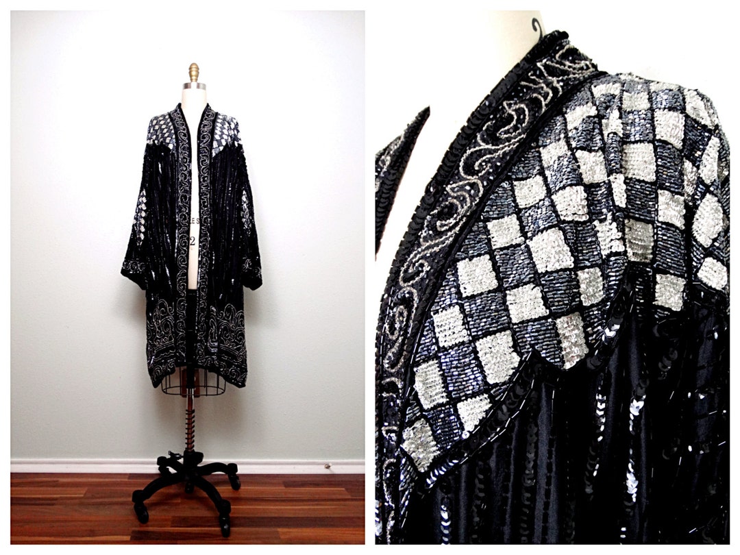 Vintage Sequin Beaded Long Jacket - Black & Silver Argyle Kimono - Etsy