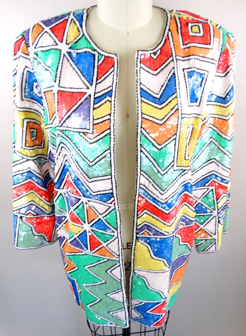 NEON Glam Sequined Beaded Jacket / Bright Color Block Novelty - Etsy