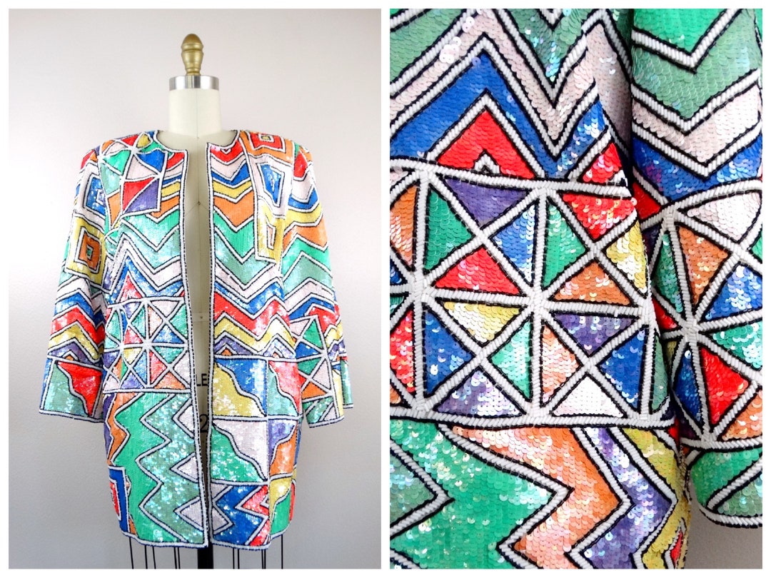 NEON Glam Sequined Beaded Jacket / Bright Color Block Novelty Sequin ...